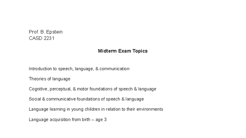CASD 2231 Midterm Exam Topics: Speech, Language & Communication - Studocu