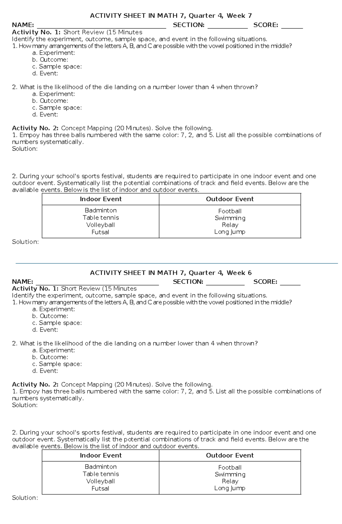 Activity Sheet in Math 7 Q4: Week 7 Exercises and Reviews - Studocu