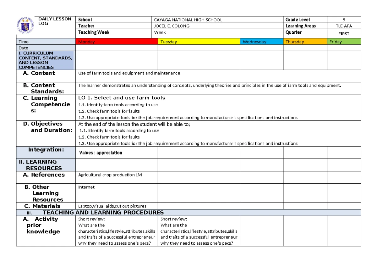 Daily-Detailed- Lesson-Plan-TLE 9 WK 6 - DAILY LESSON LOG School CAYAGA ...