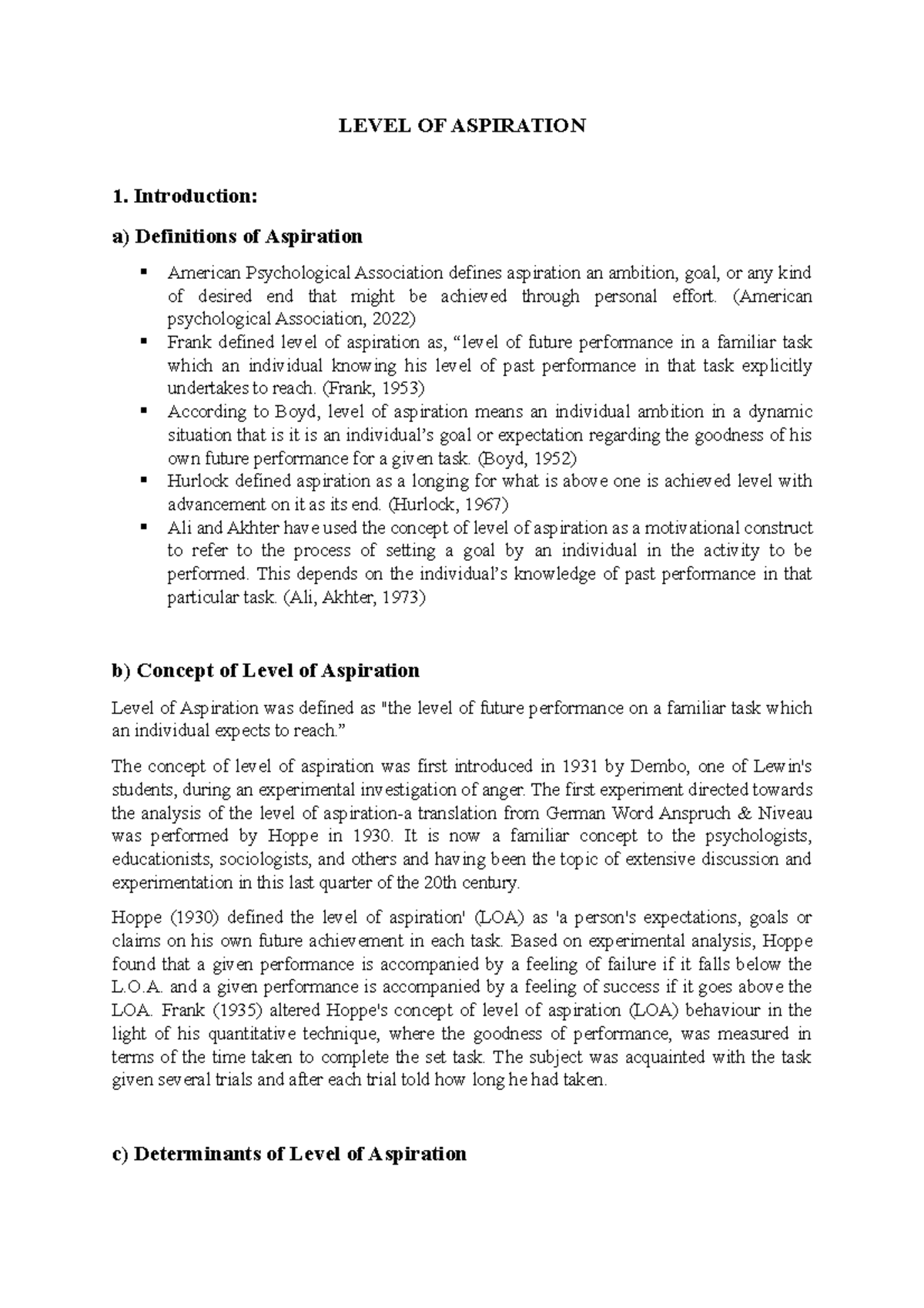 Level of Aspiration: Understanding Goals & Performance Dynamics - Studocu