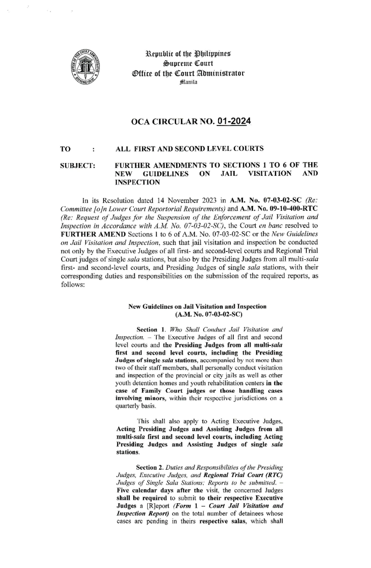 OCA-Circular-No.-01-2024: Amendments to Jail Visitation Guidelines ...