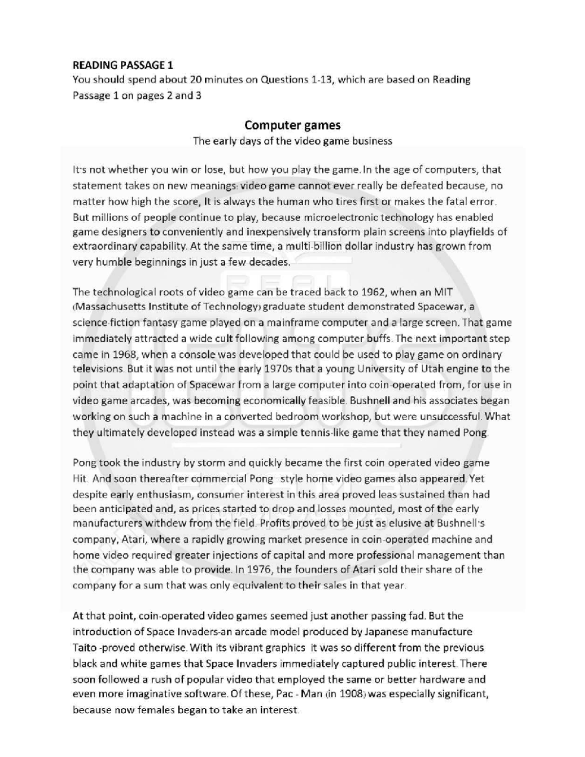 Computer Games: Evolution and Impact - READING PASSAGE 1 - Studocu