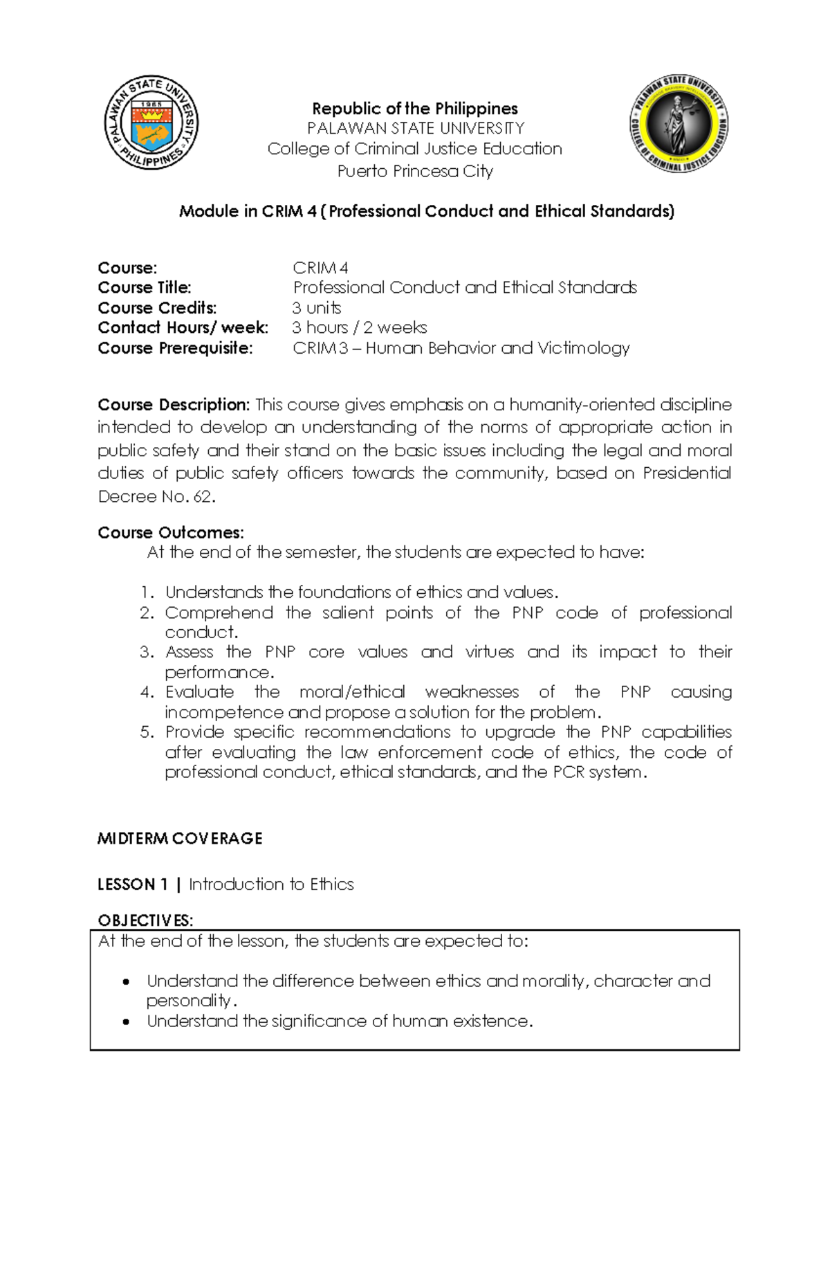 CRIM 4 Midterm Lesson 1: Introduction to Ethics and Values - Studocu