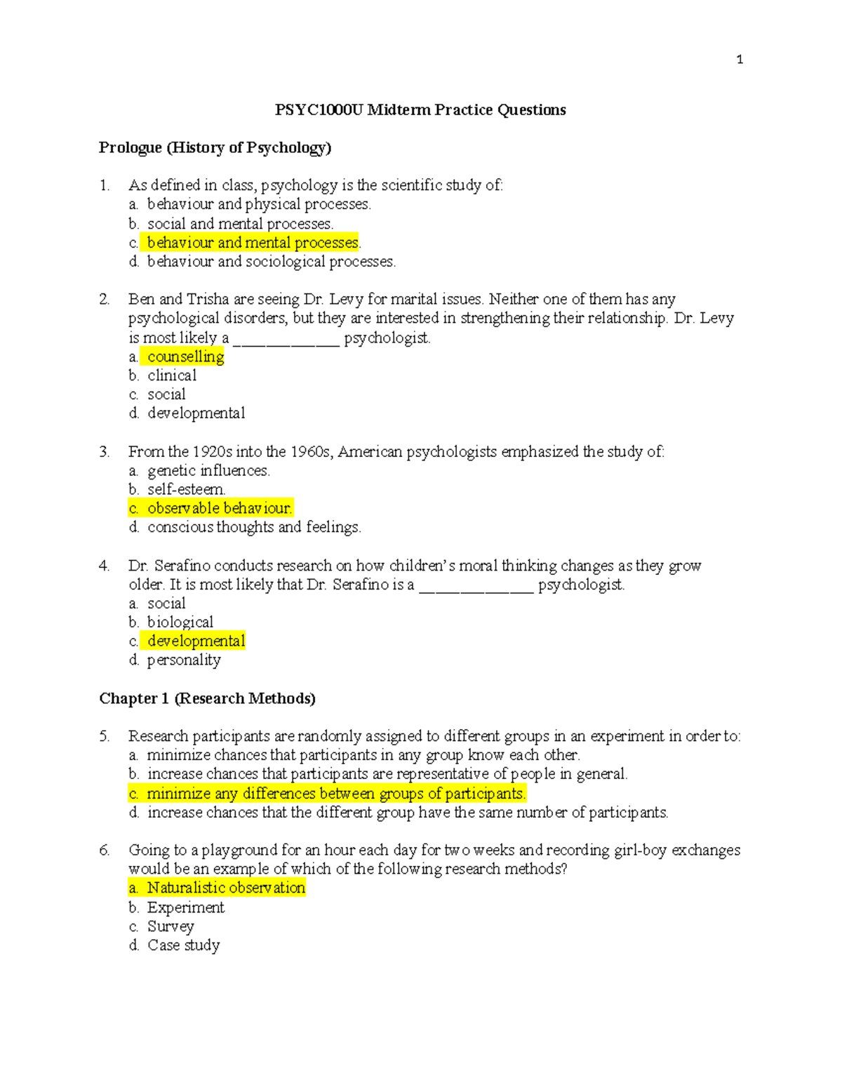 PSYC 1000U Midterm Practice Questions: History & Research Methods - Studocu