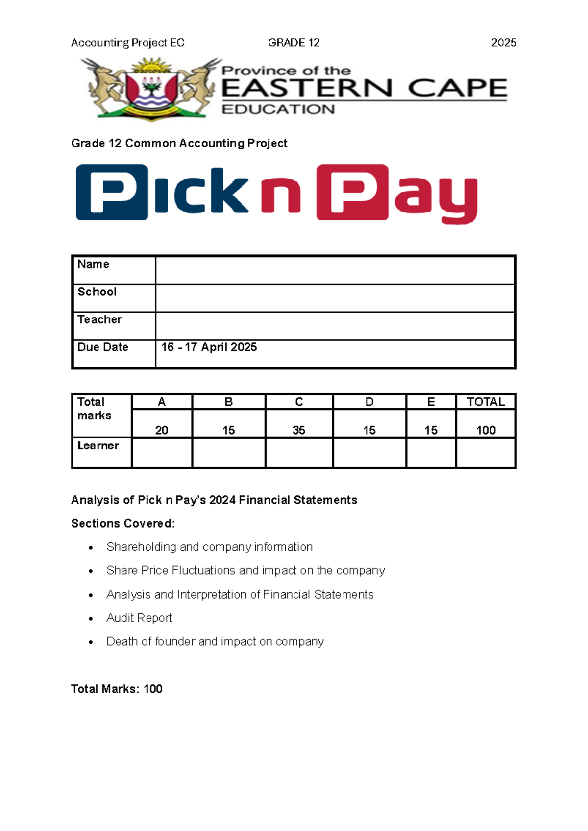 Accounting Project EC GRADE 12: Analysis of Pick n Pay Financials 2025 ...
