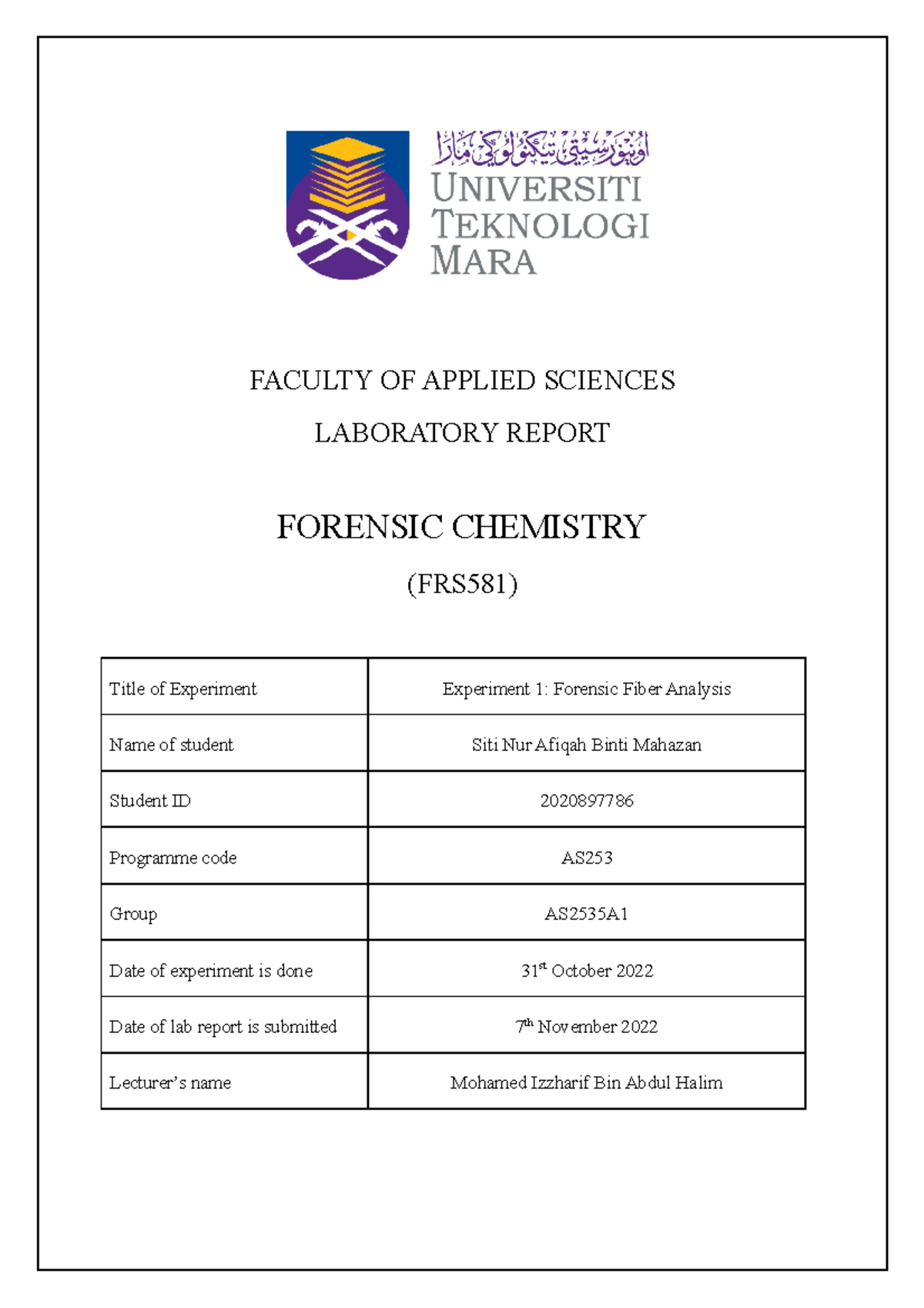 Lab Report FRS581: Analysis of Forensic Fibers and Their Characteristics - Studocu