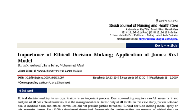 Ethical Decision Making in Nursing: Applying Rest's Model (SJNH 212 ...