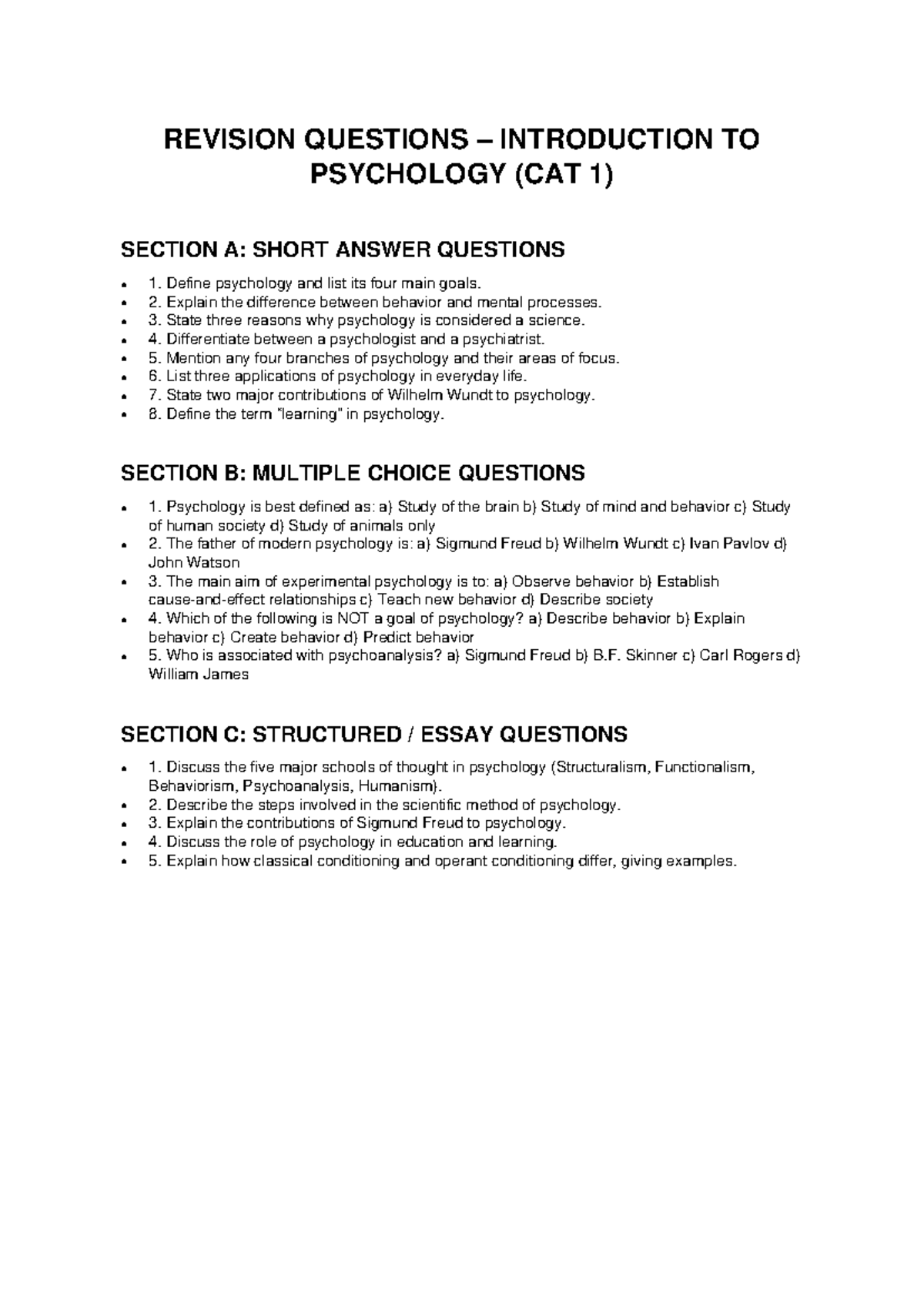 Psychology Revision Questions CAT 1: Short Answer & MCQs - Studocu