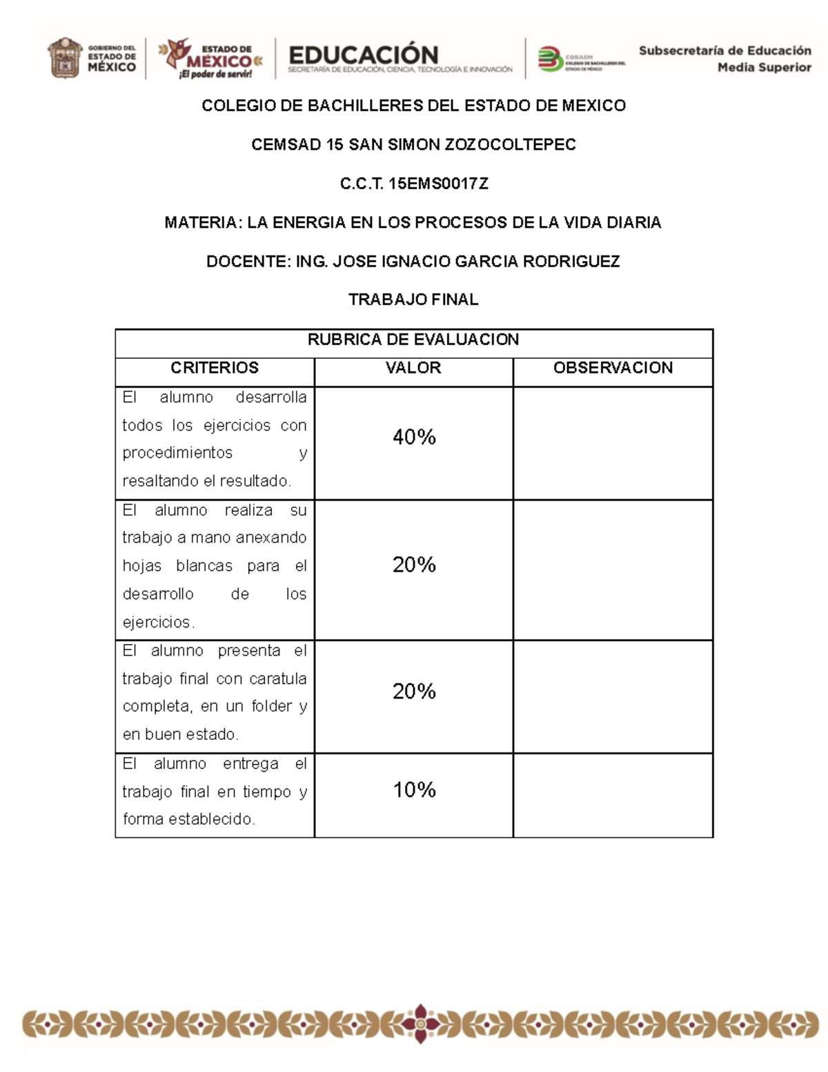 Trabajo Final CEMSAD 15: La Energía en la Vida Diaria - Studocu
