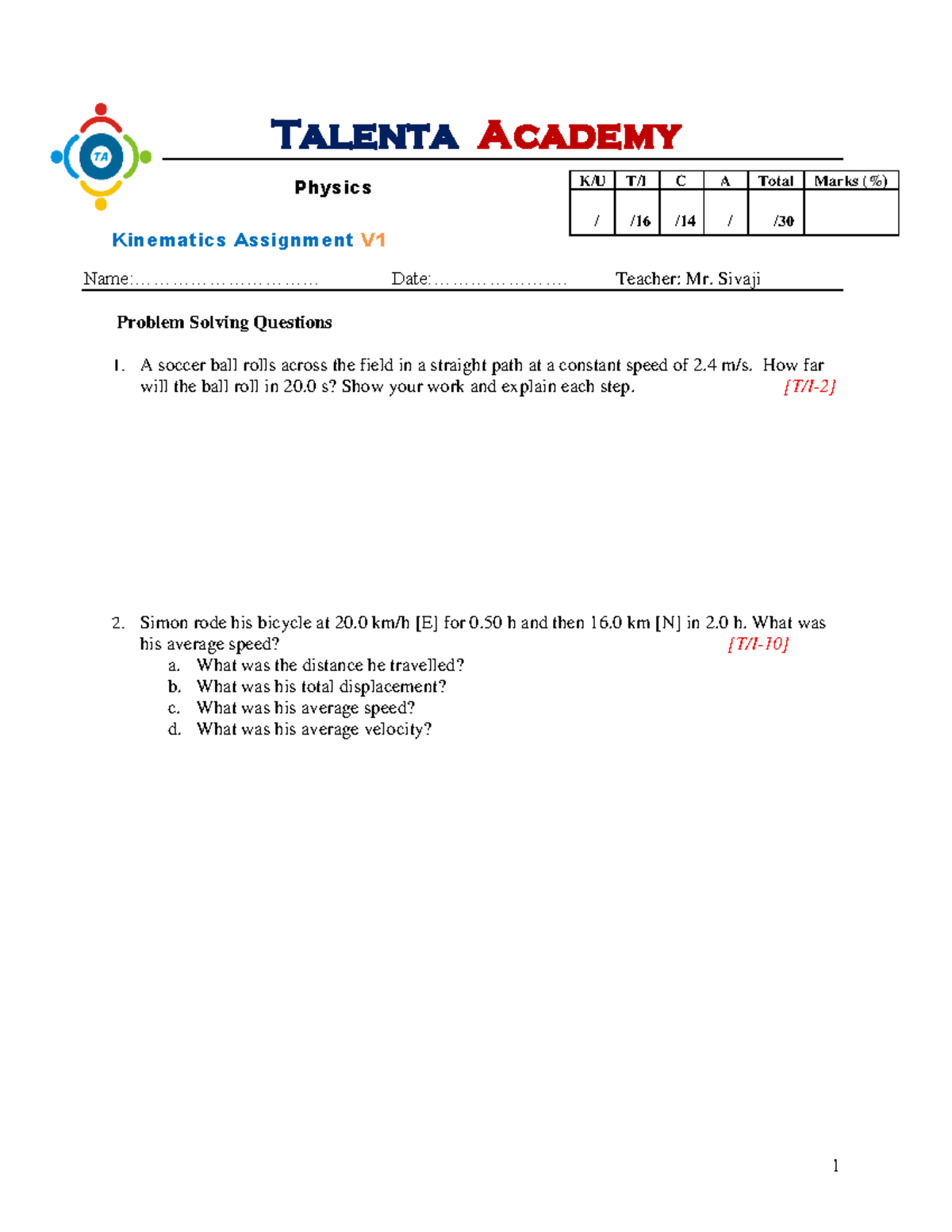 Ta Physics Kinematics Assignment 1 V1 Problem Solving Guide Studocu