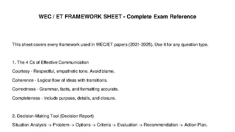 WEC ET Framework Sheet - Comprehensive Exam Reference Guide - Studocu