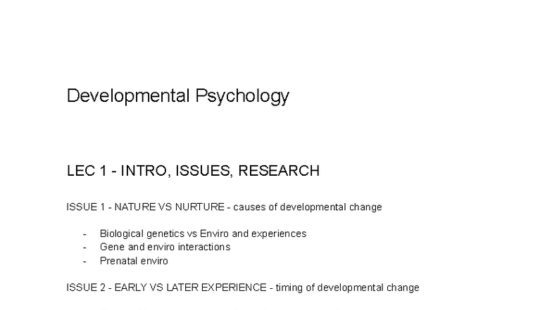 PSYC 1A - Developmental Psychology: Nature vs Nurture & Key Issues ...