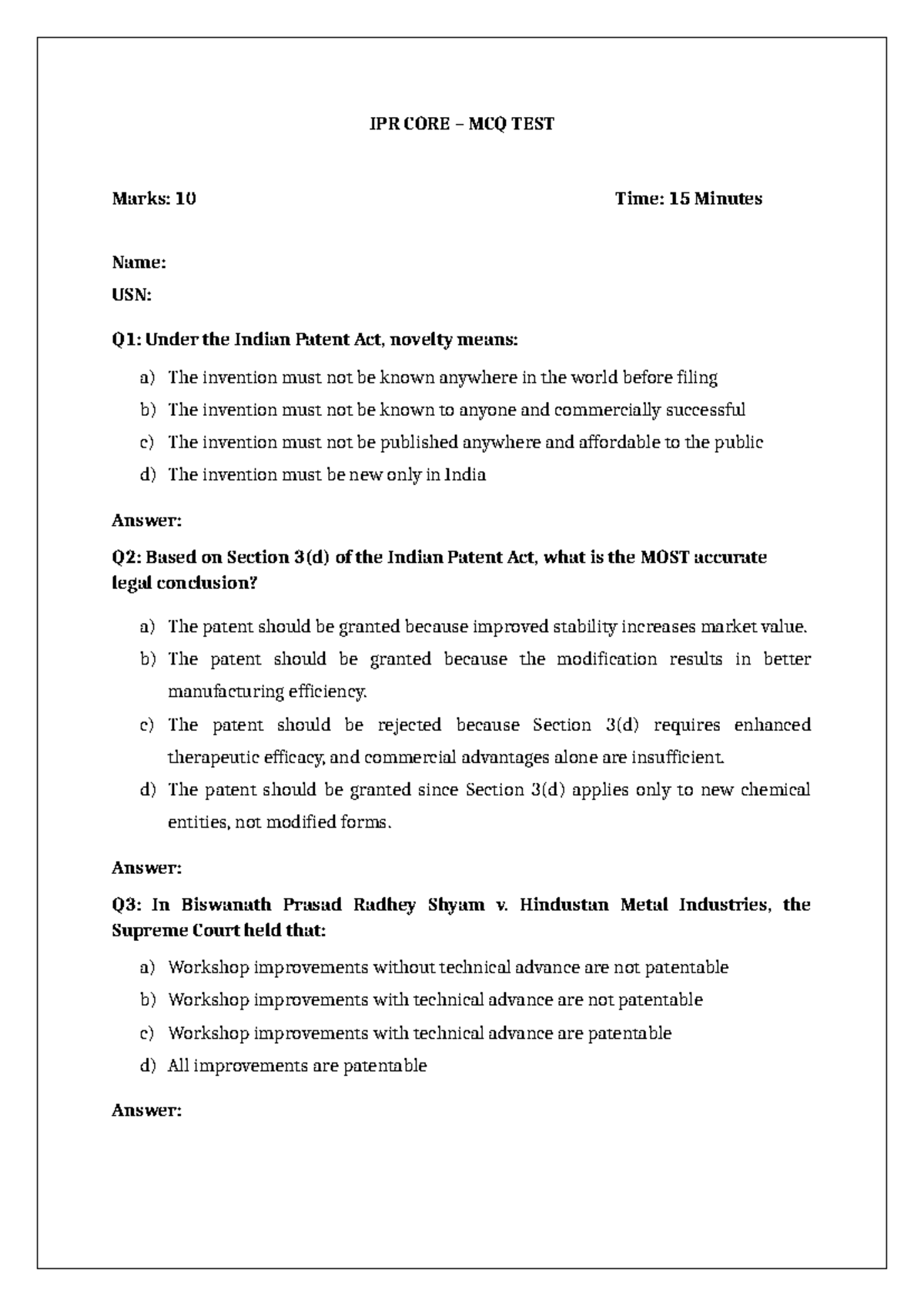 IPR CORE - MCQ TEST: Key Questions & Answers for Exam Prep - Studocu