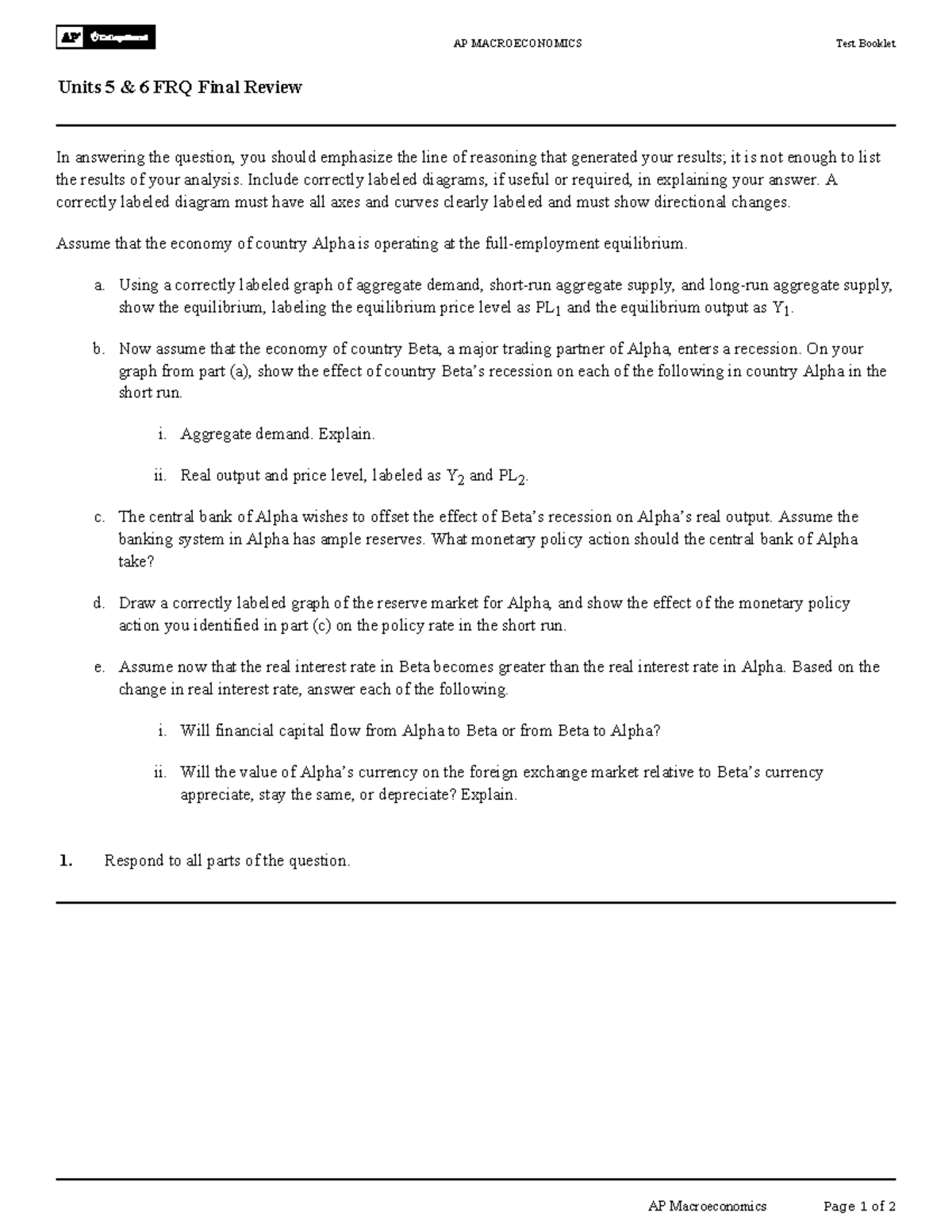 AP MACROECONOMICS Units 5 & 6 FRQ Final Review Guide - Studocu