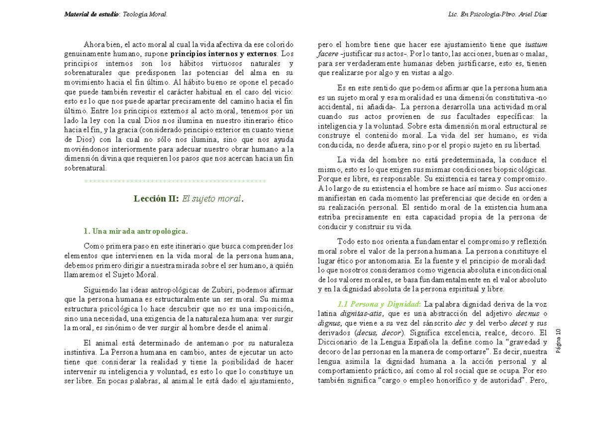 Teo2 - Lección 2: El Sujeto Moral y la Dignidad Humana en la Teología ...