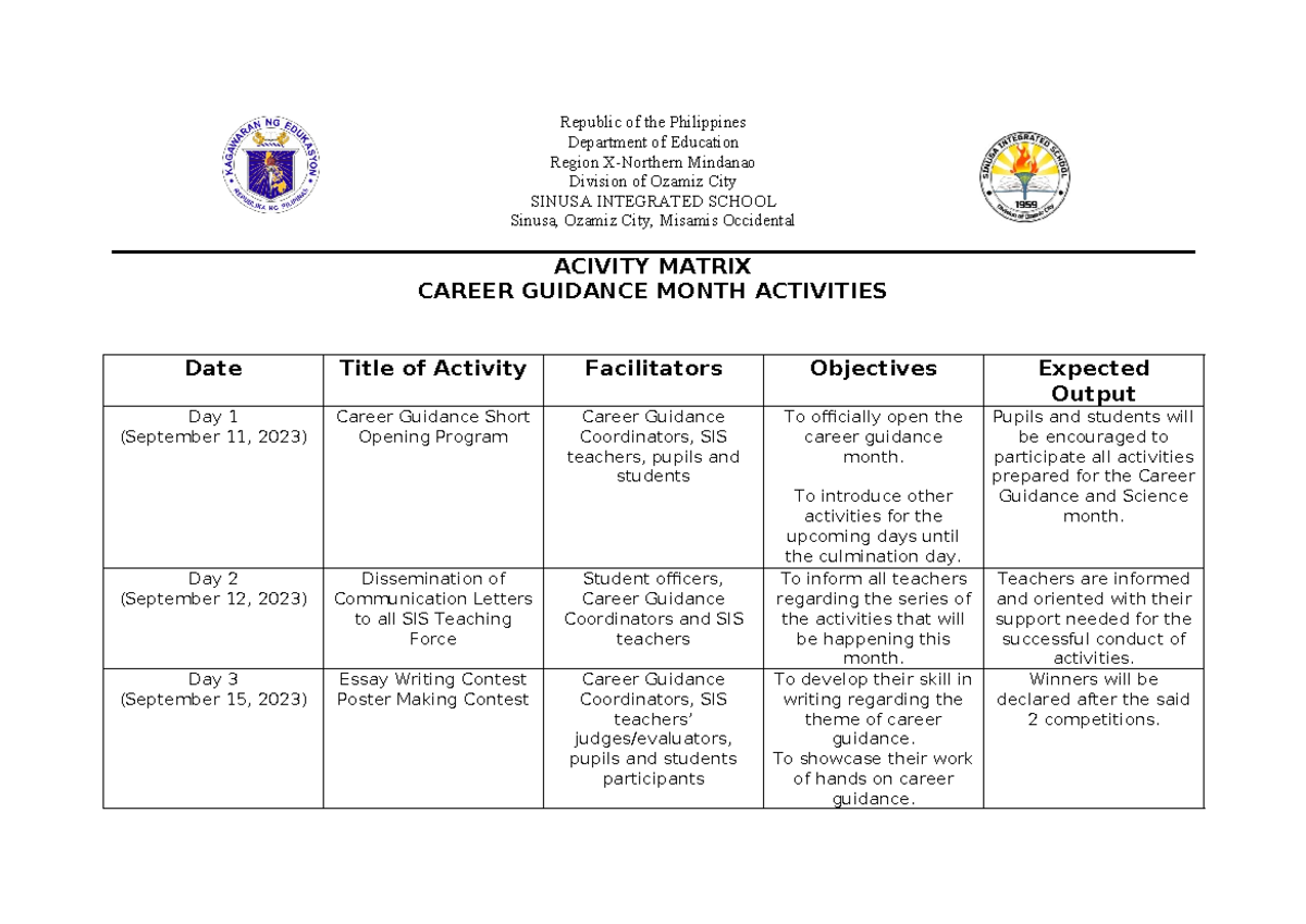 Career Guidance Activities Matrix - Sinusa Integrated School - Studocu