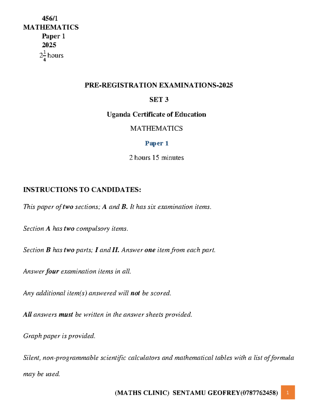 UCE Mathematics Paper 1 2025: Exam Instructions & Problem Solving Guide - Studocu