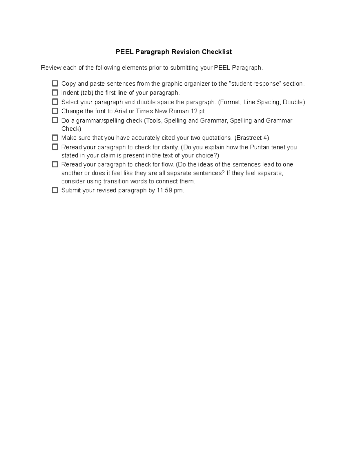 PEEL Paragraph Revision Checklist for Effective Writing Strategies ...