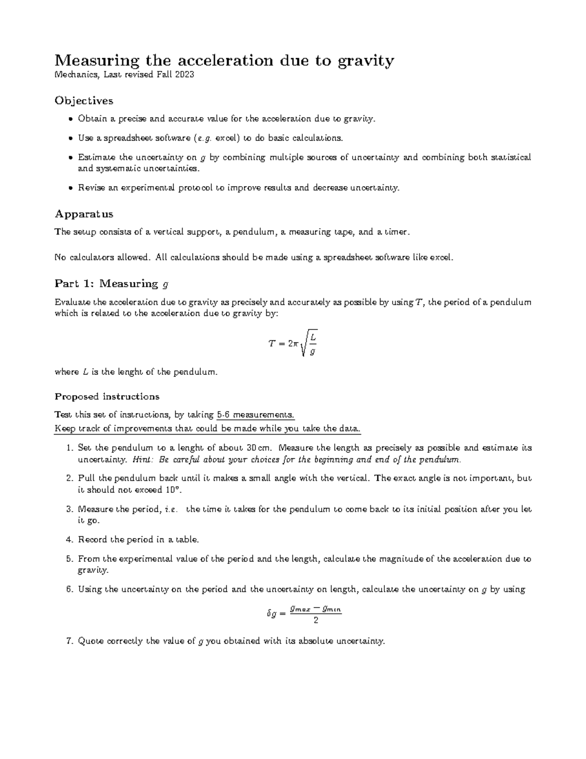 G from pendulum instructions-no prelab - Measuring the acceleration due to gravity Mechanics ...