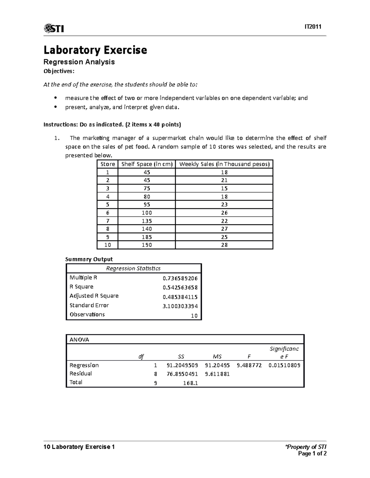 10 Laboratory Exercise 1 - IT 10 Laboratory Exercise 1 *Property of STI ...