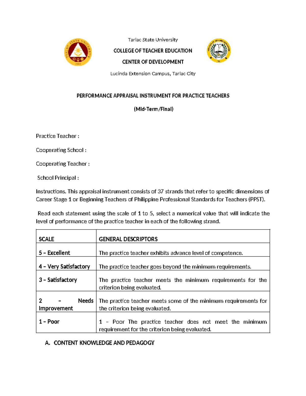 Performance Appraisal Instrument for Practice Teachers (PPST) - Studocu