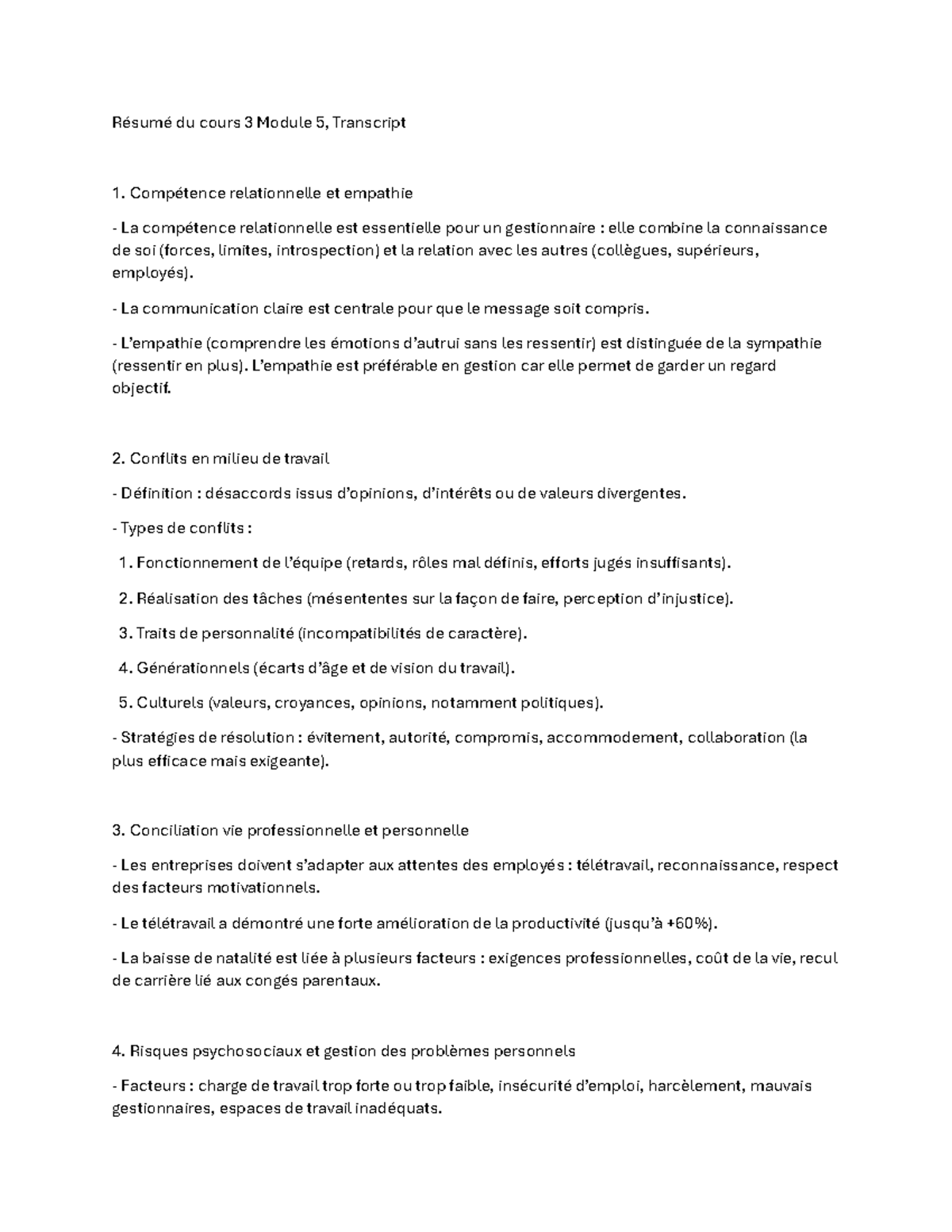 Résumé du cours 3 - Module 5 : Compétences relationnelles et gestion ...