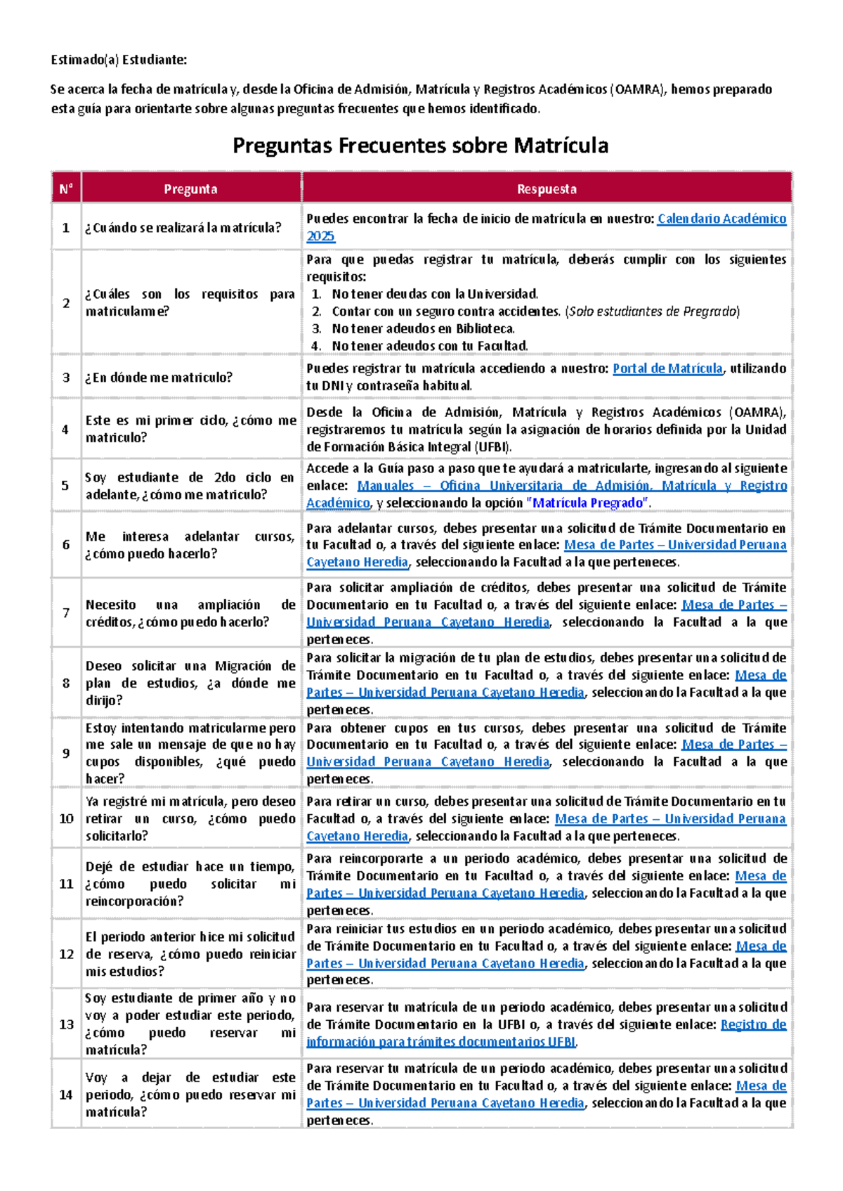 Guía de Preguntas Frecuentes sobre Matrícula - OAMRA - Studocu