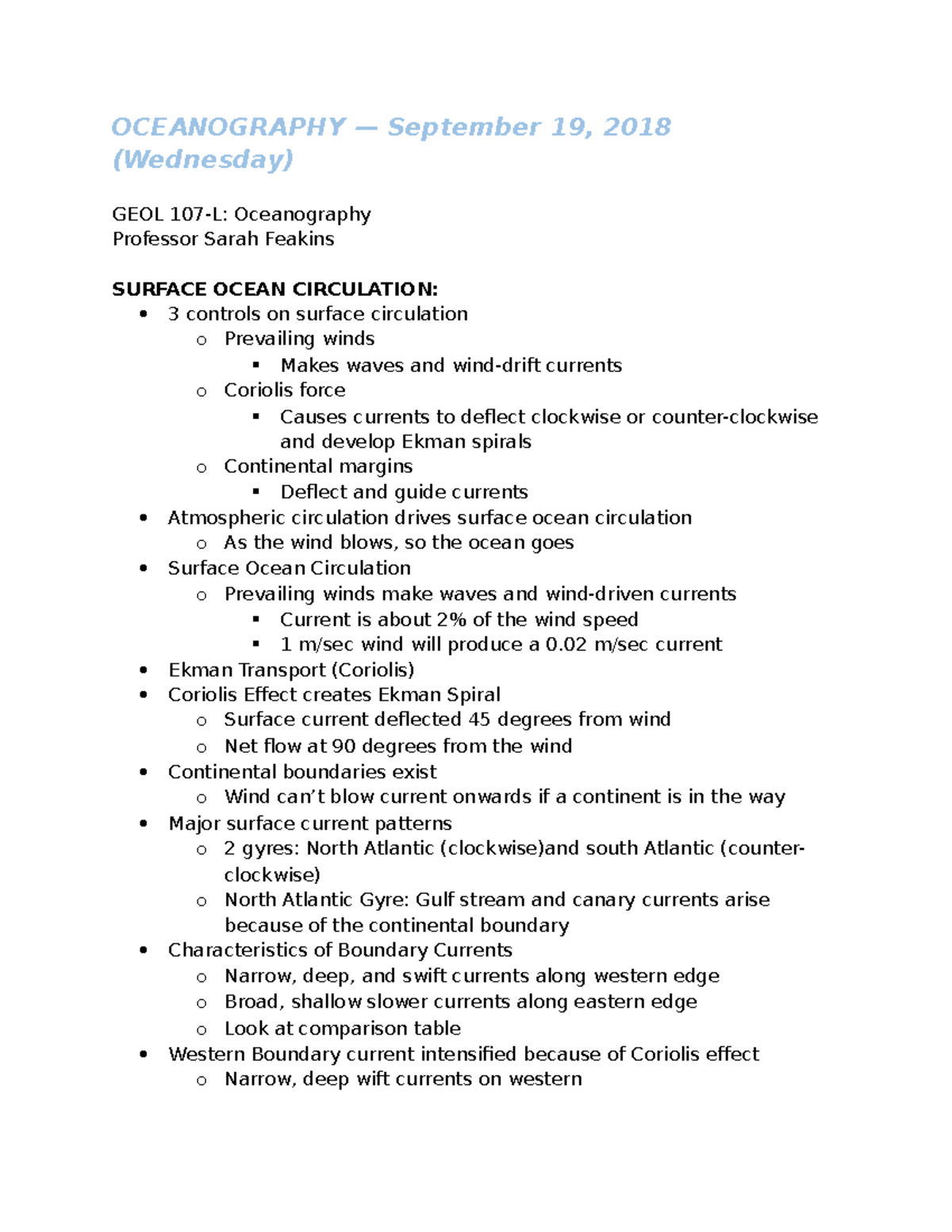 GEOL 107 9.19.18 - OCEANOGRAPHY — September 19, 2018 (Wednesday) GEOL ...