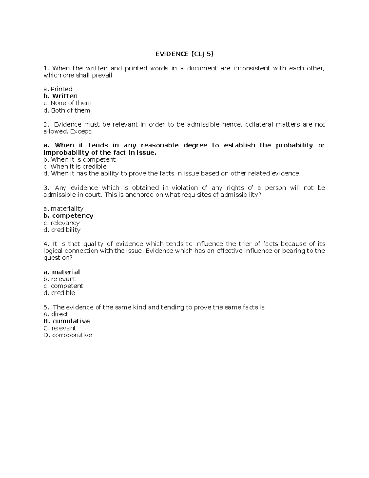 Q&A - CLJ 5 - Evidence Concepts and Admissibility - Studocu