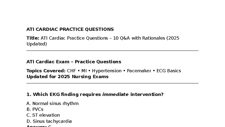 ATI Cardiac Practice Questions – 10 NCLEX Q&A with Rationales (2025 ...