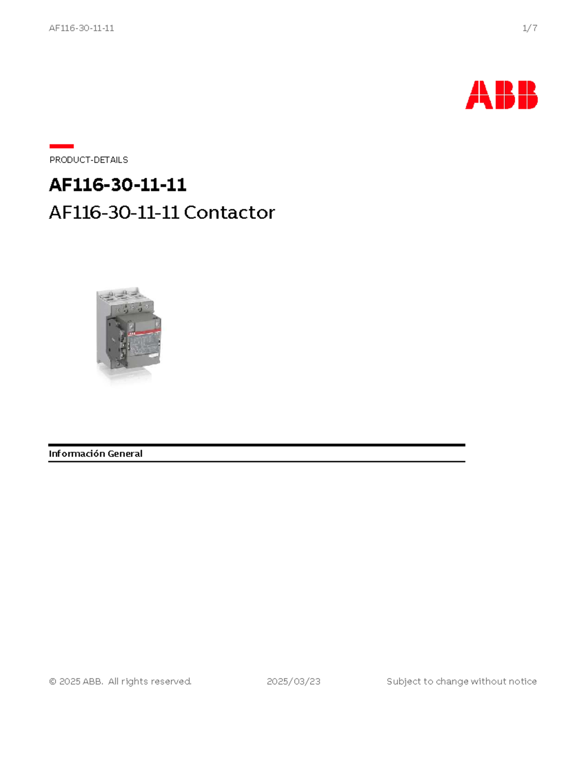 Contactor AF116 Información Técnica 2025 ABB - Studocu