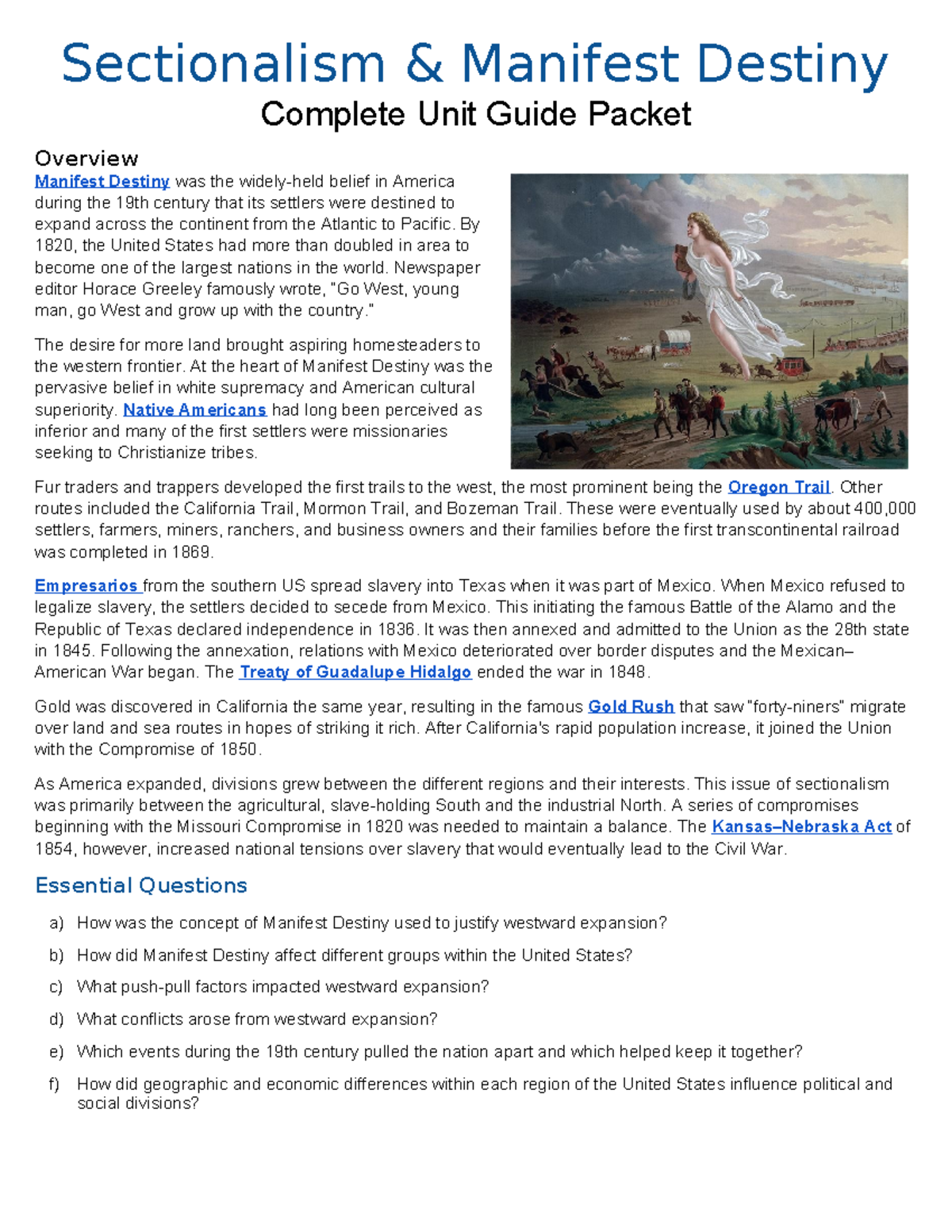 Manifest Destiny & Sectionalism Unit Packet: Student Handout Timeline ...