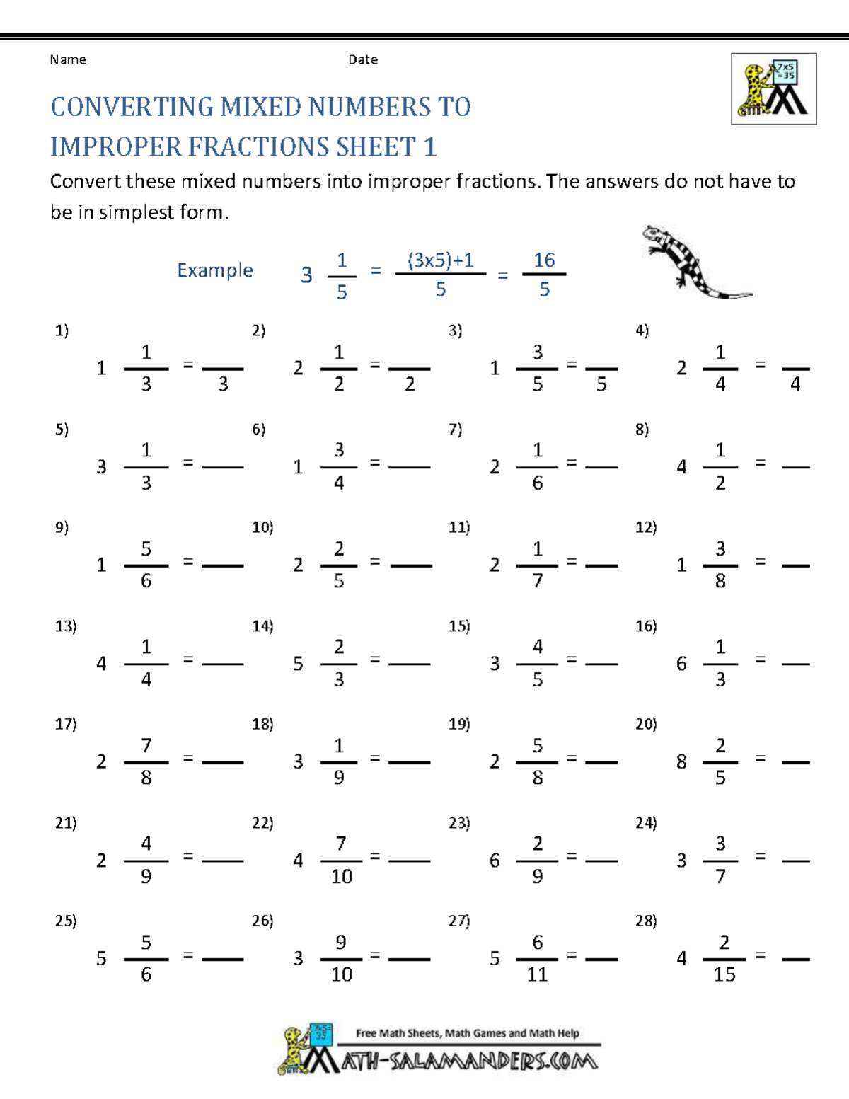 MATH 101: Converting Mixed Numbers to Improper Fractions Worksheet ...