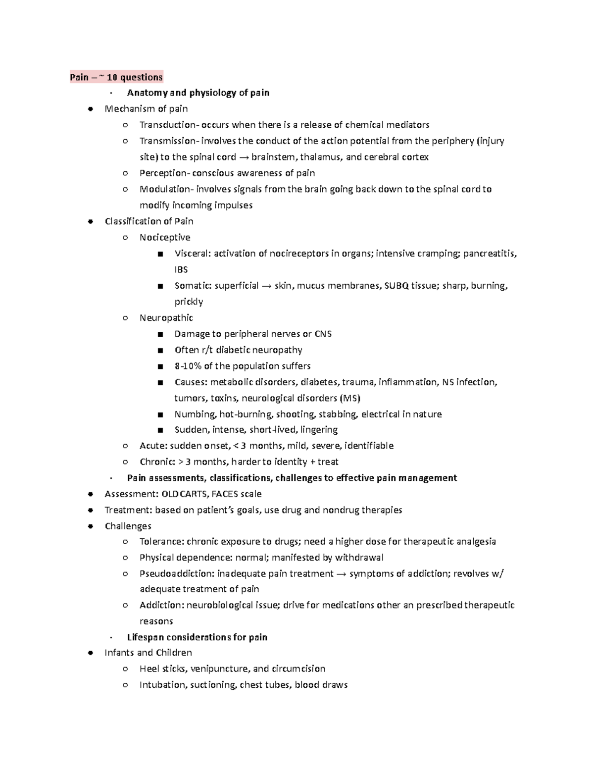 323 Exam 3 Study Guide: Anatomy, Physiology, and Pain Management ...