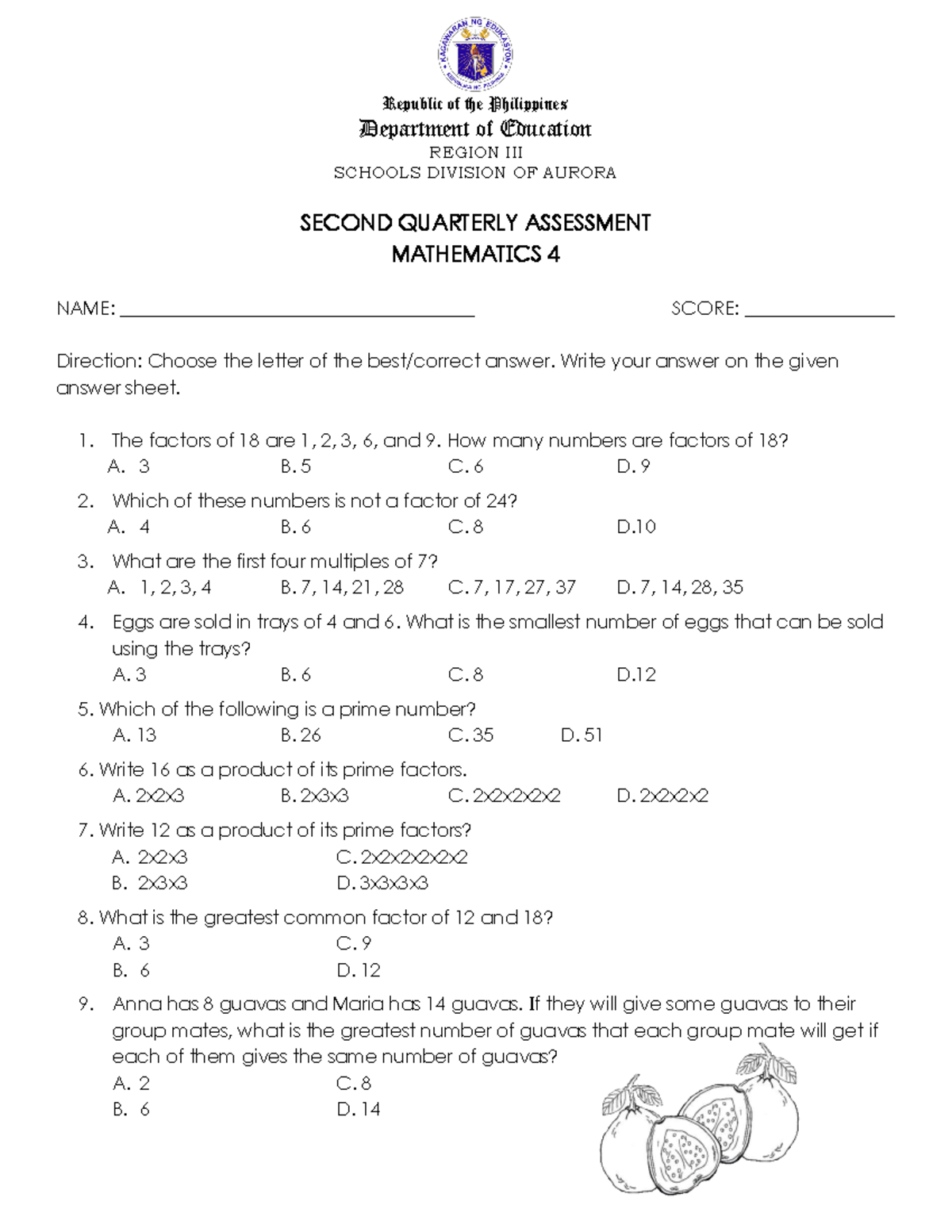 2ND Quarter MATH 4 - Sample Exam with Answer Key and Specs - Studocu