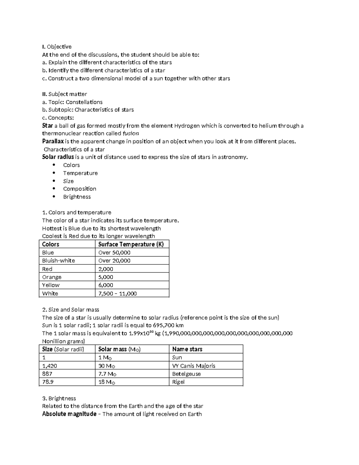 Constellation lesson plan: Characteristics of stars and their ...