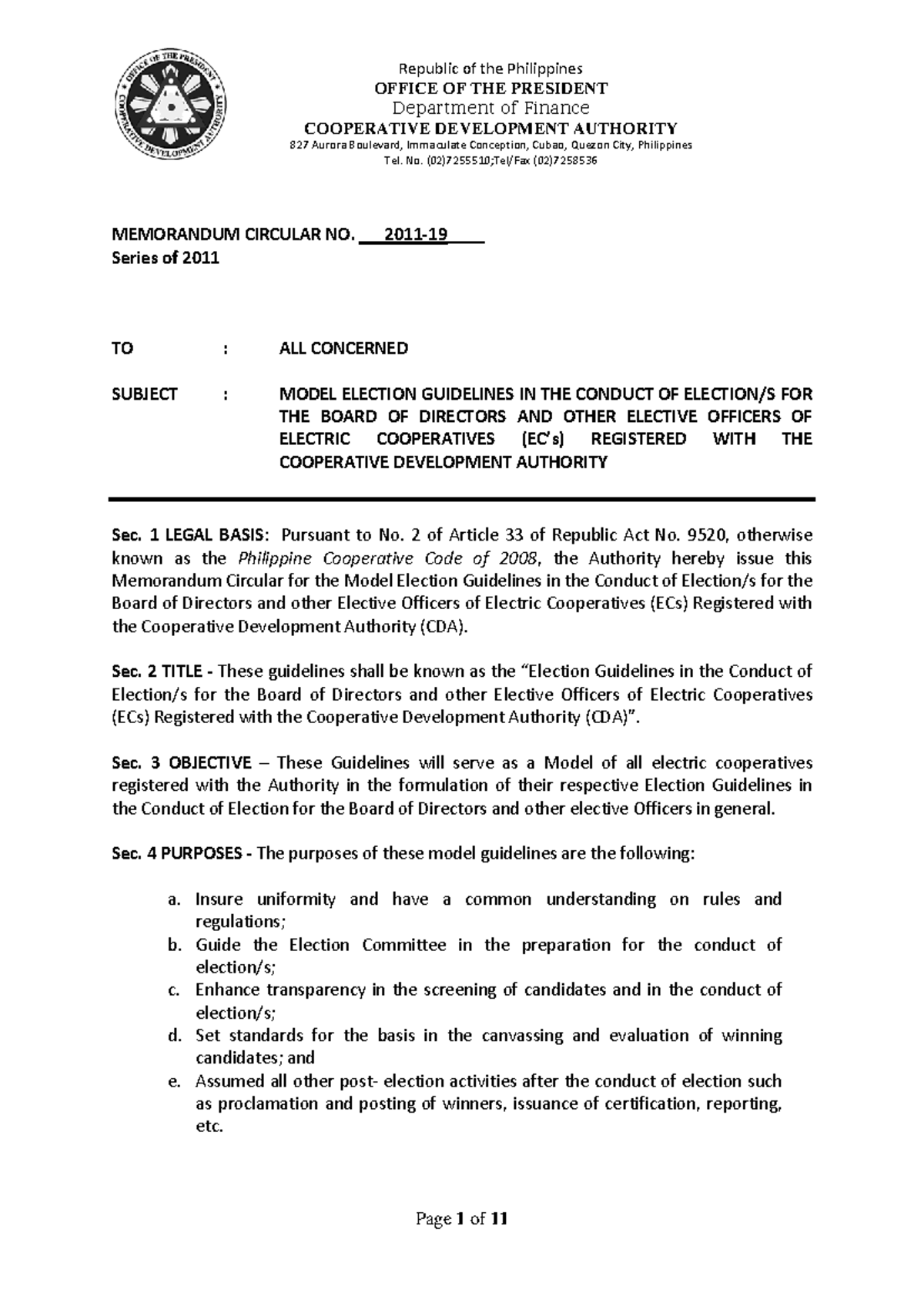 MC2011-19 Model Election Guidelines for BOD of Electric Cooperatives ...