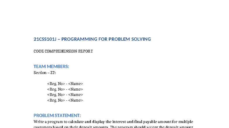 21CSS101J Programming for Problem Solving: Bank Deposit Code Report ...