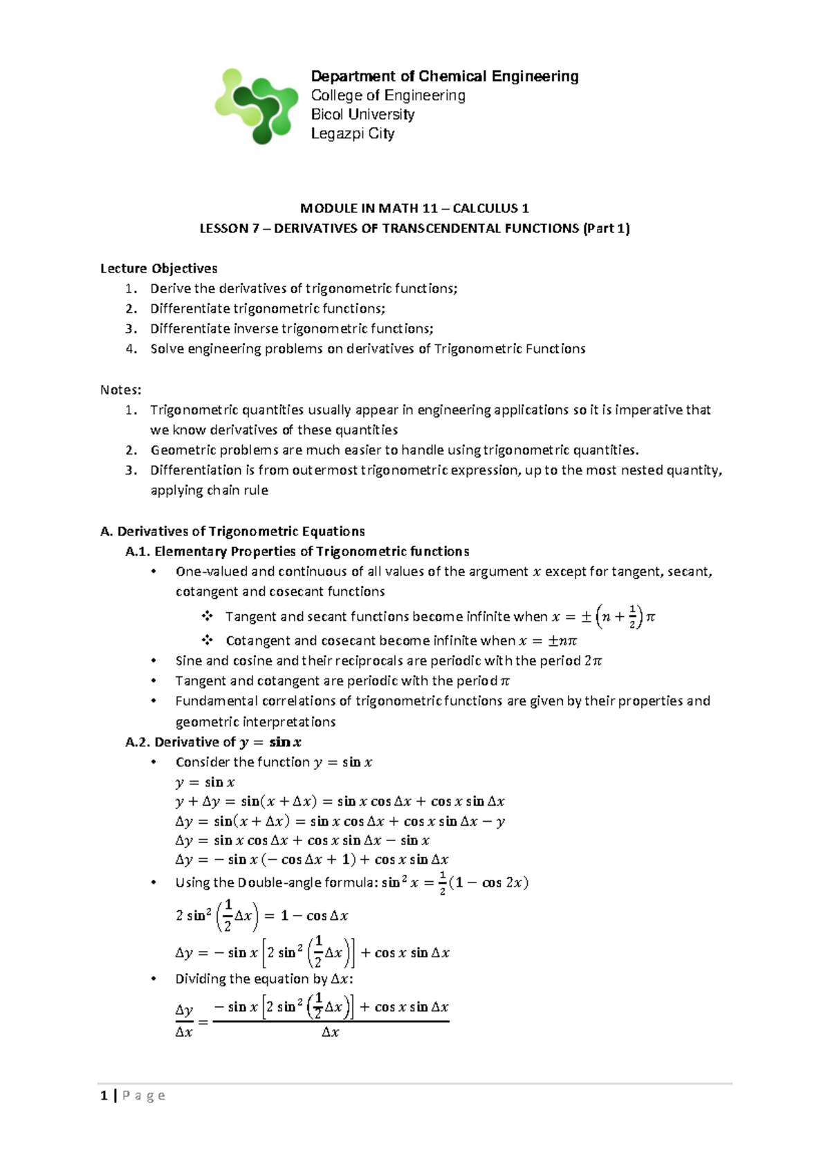 Module in Math 11 - Lesson 7: Derivatives of Transcendental Functions ...