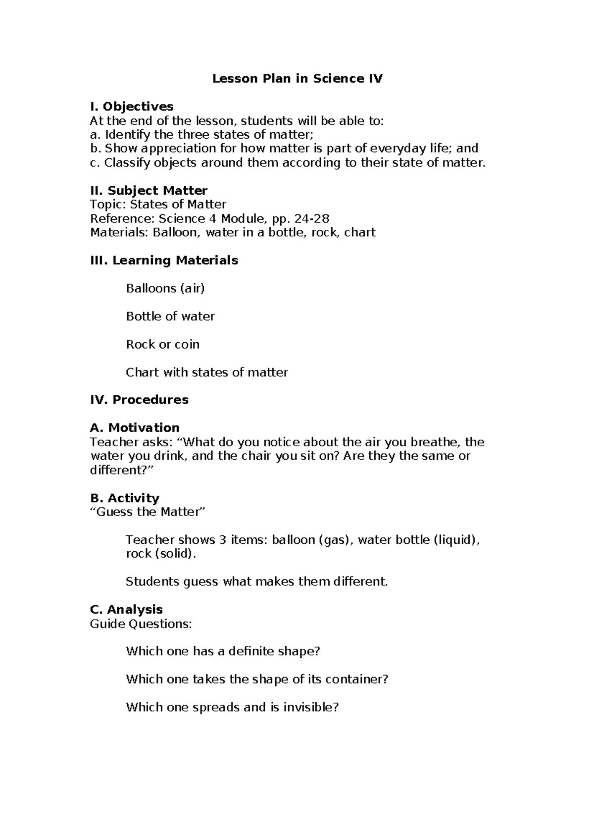 Science IV Lesson Plan: Understanding States of Matter - Studocu