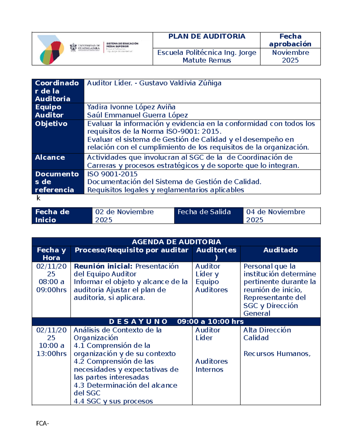 PLAN DE AUDITORÍA ISO 2015 - Escuela Politécnica Ing. Jorge Matute ...