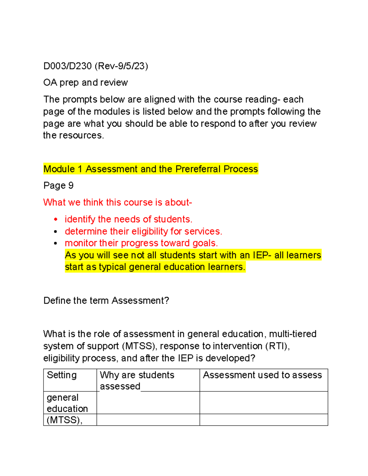 D003/D230 Module Guided Questions & Review for Assessment Process - Studocu