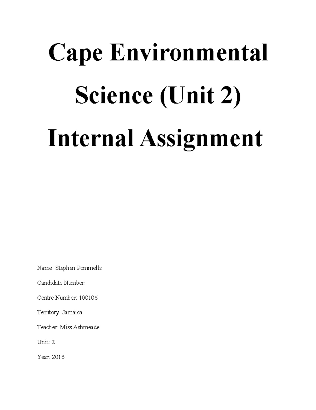 CAPE Environmental Science Unit 2 Internal Assignment Past Papers - Studocu