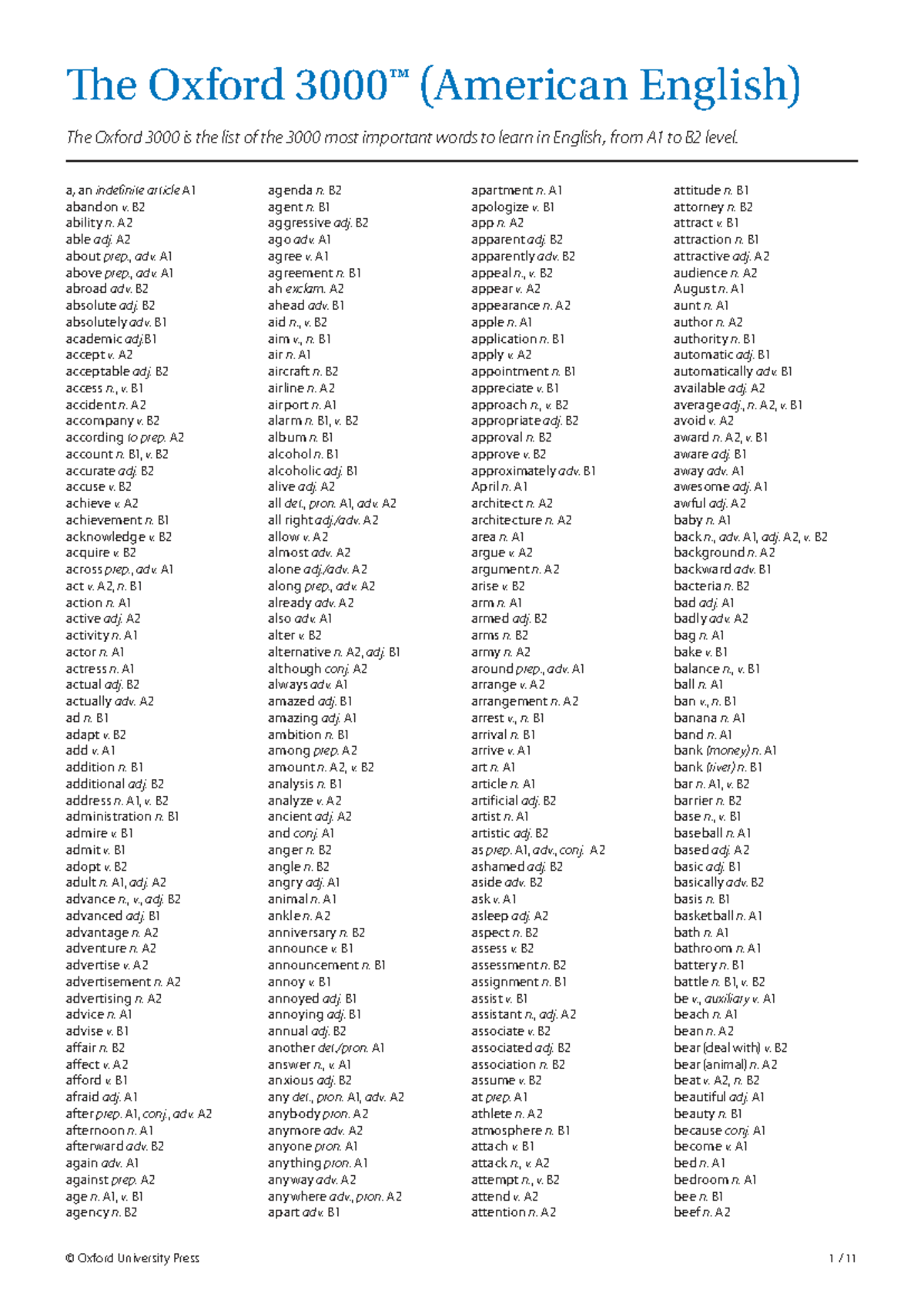 Oxford University Vocabulary List: Essential Words A1-B2 - Studocu