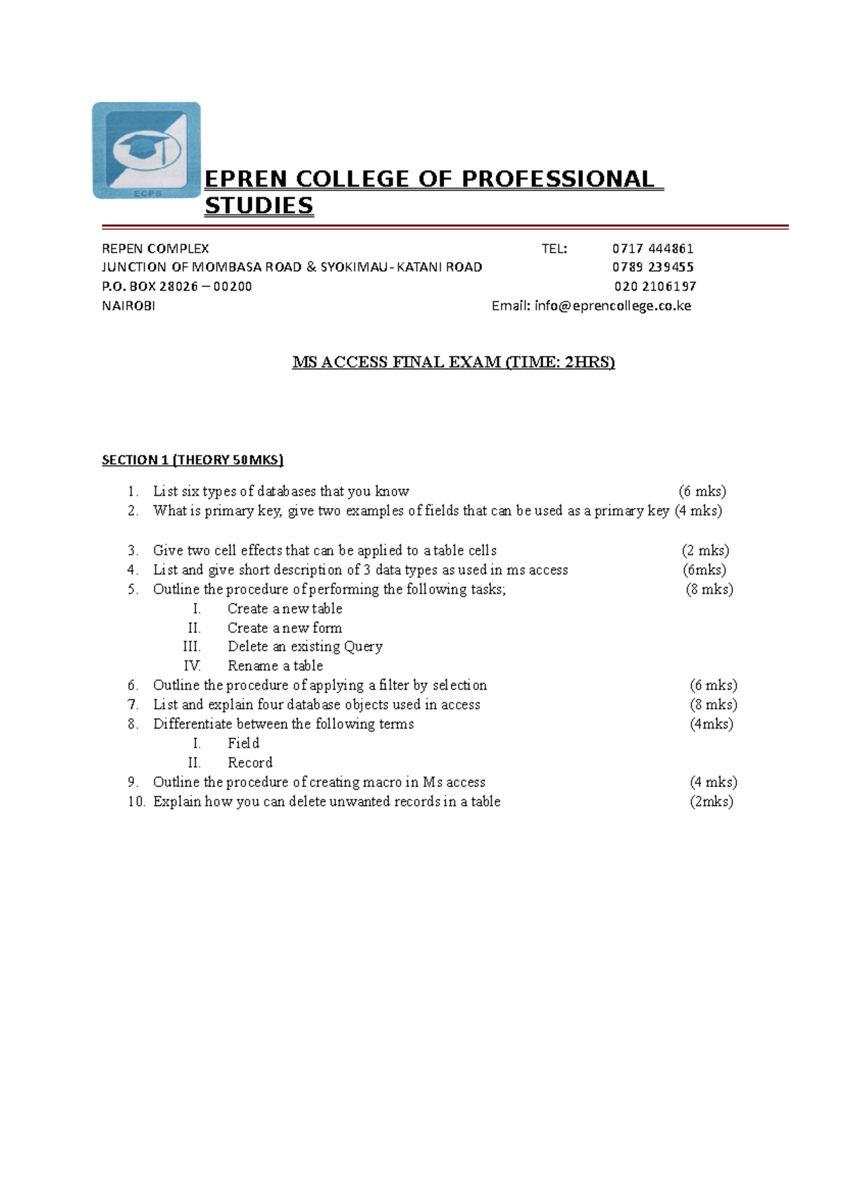 MS Access Final Exam Notes & Past Paper (Course Code: CPSC 101) - Studocu