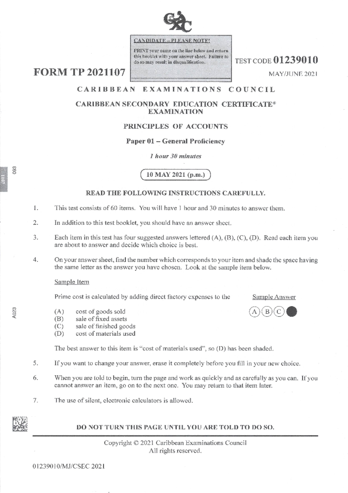 -CSEC-Poa-2021-p1 (1) an - CANDIDATE PLEASE NOTE! PRINT your name on ...