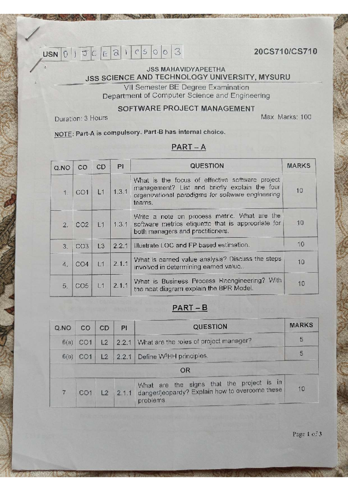 20CS710 VII Sem SPM Exam Question Paper - Software Project Management ...