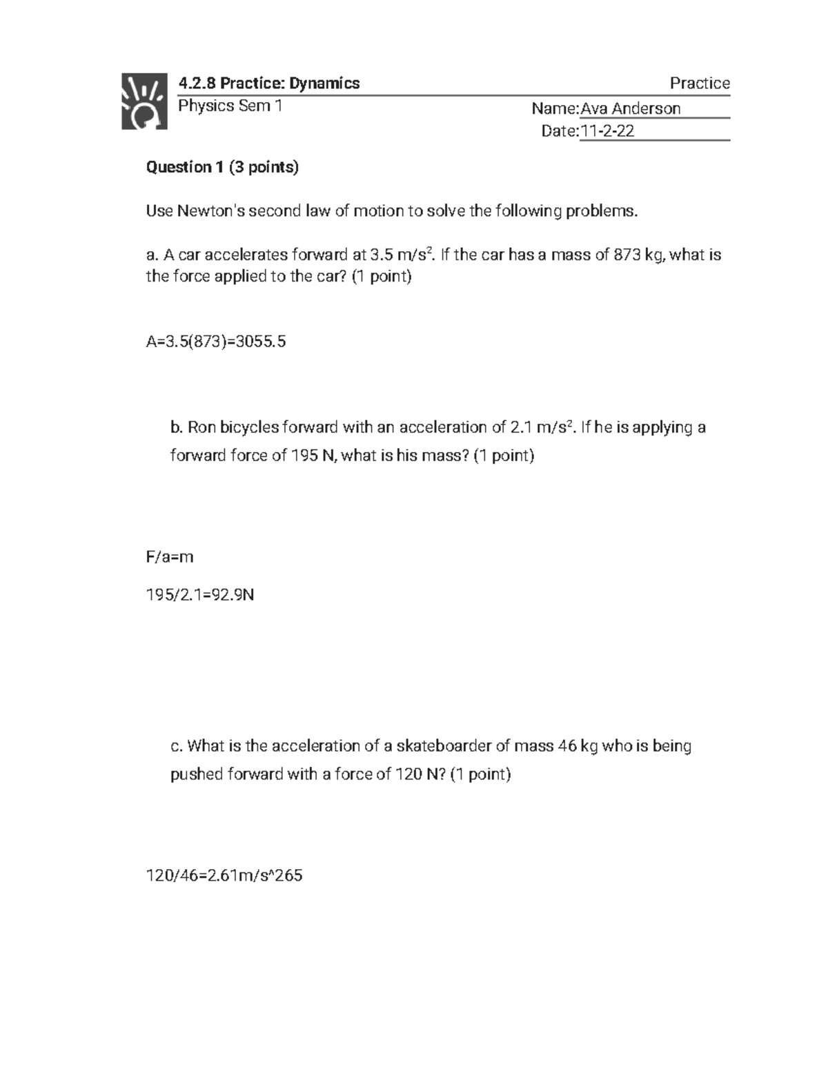 4.2.8 Practice - Physics Dynamics Problems for Sem 1 - Studocu
