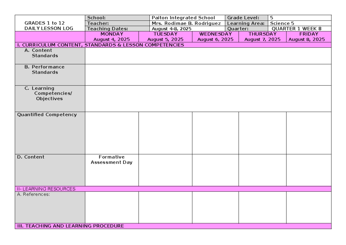 Grade 5 Science Daily Lesson Log (DLL) - Quarter 1, Week 8 - Studocu