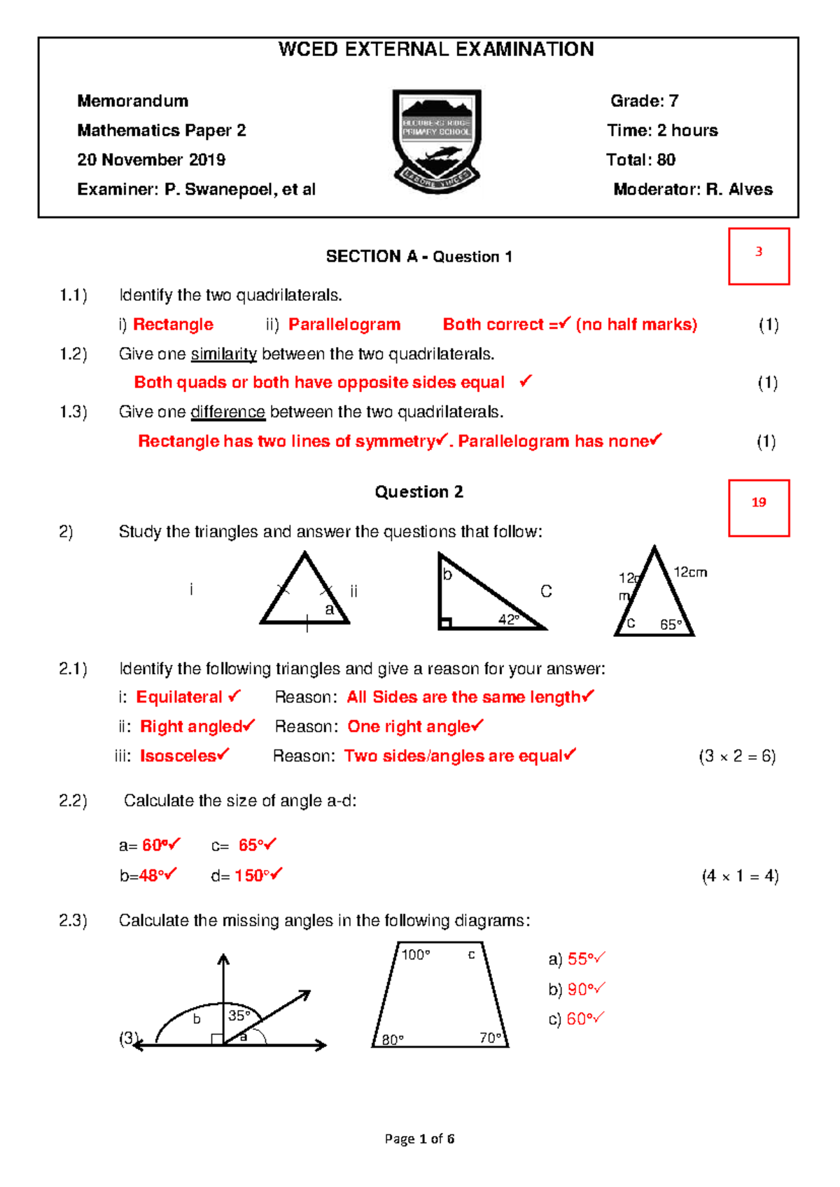 Grade 7 Mathematics Final Exam Paper 2 Marking Guidelines 2019 - Studocu